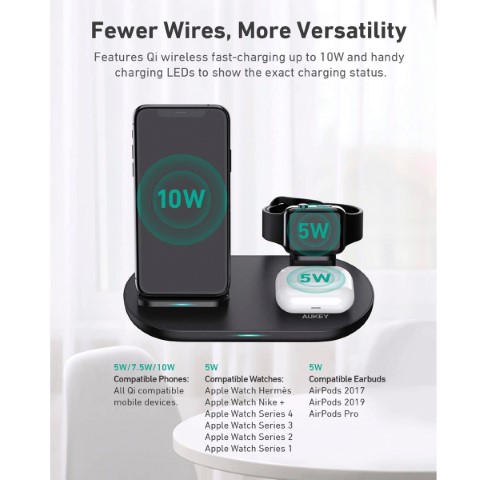 AUKEY 3 in 1 AirCore Wireless Charging Station Stand Charging Dock LC ...